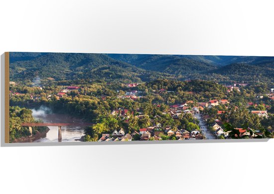 Hout - Uitzicht over Dorpje aan de Rand van Berg in Laos - 120x40 cm ...
