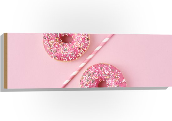Hout - Twee Roze Donuts met Rietje op Lichtroze Achtergrond - 90x30 cm ...