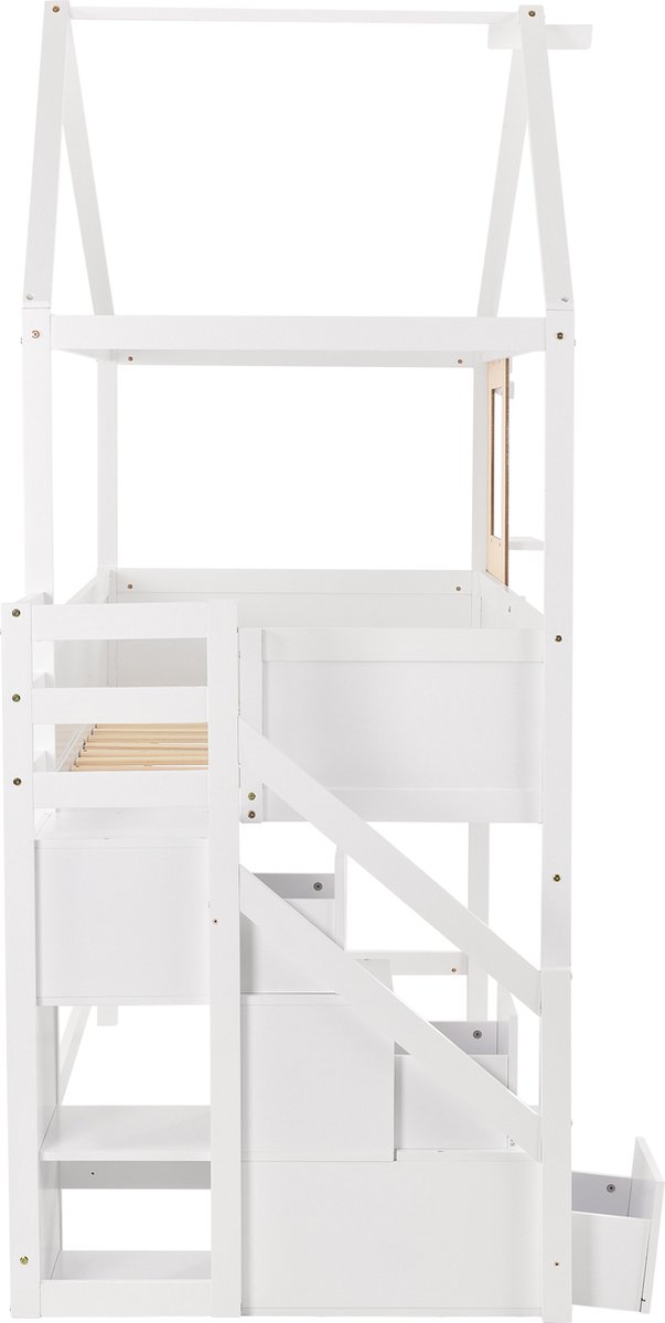 Merax Kinderbed - Peuterbed met Trap en Raam - Huisbed Hoogslaper met ...