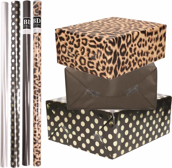 8x Rollen transparante folie/inpakpapier pakket - panterprint/zwart ...