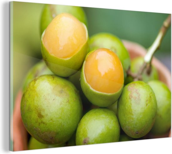 Glasschilderij - De tropische oranje knippa vrucht in een bak - 60x40 ...