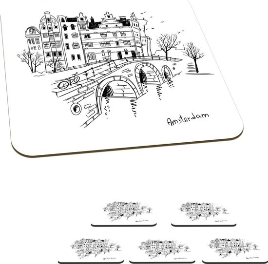 Onderzetters voor glazen - Amsterdam - Schets - Zwart - Wit - 10x10 cm -... | bol