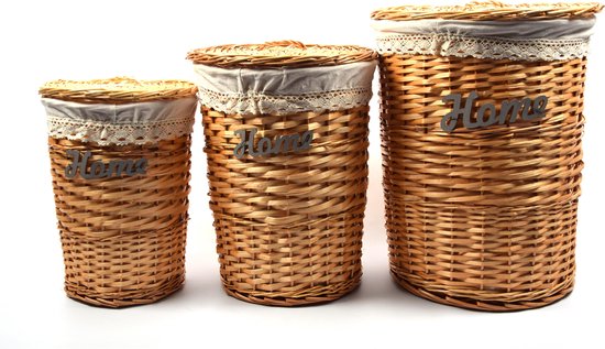 Set van 3 Rieten wasmand met deksel| Wasmand | Textiel | Rieten wasmand ...