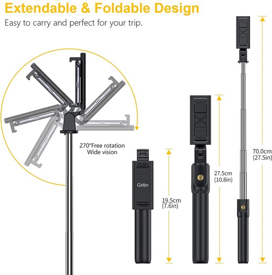 Bluetooth Selfie Stick Statief Gritin 3 In 1 Uitschuifbare Selfie
