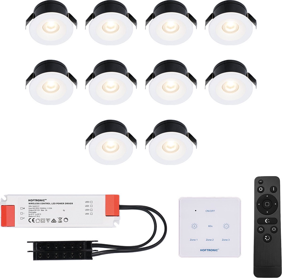 10x Cadiz - Mini 12V LED inbouwspot wit met trafo en muurdimmer - 3 ...