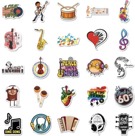 50 Muziek stickers - stickermix met musicaal thema - DJ, Koptelefoon ...