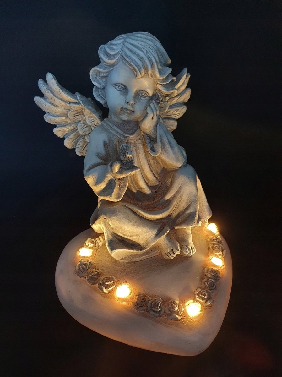Engel - Zittend op hart - 1/20/XLT - Polystone - Led - Grafdecoratie ...