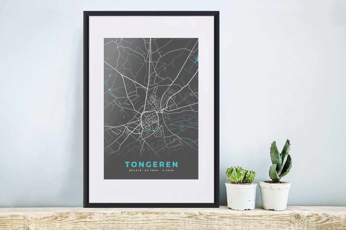 Fotolijst incl. Poster - Plattegrond – Tongeren – Blauw – Stadskaart ...