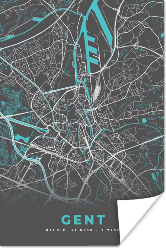 Poster Kaart – Plattegrond – Stadskaart – Gent – België - Grijs - 20x30 ...
