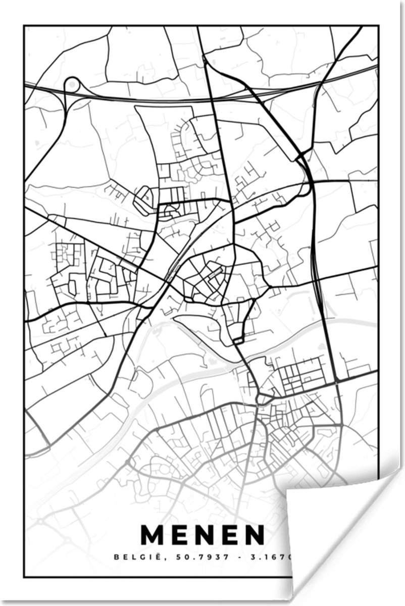 Poster België – Menen – Stadskaart – Kaart – Zwart Wit – Plattegrond ...