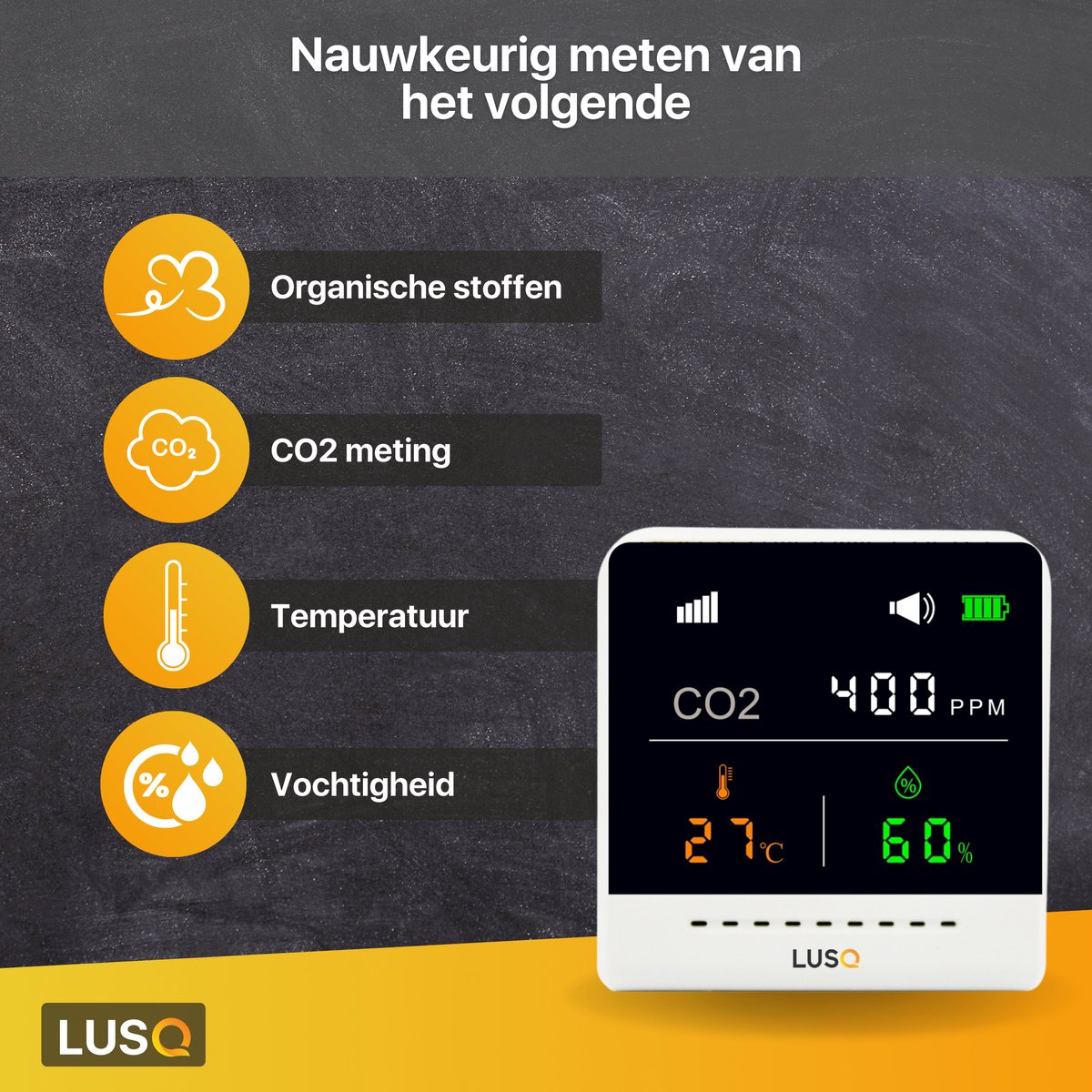 LUSQ® CO2 meter met NDIR sensor – Luchtkwaliteitsmeter – CO2 meter ...
