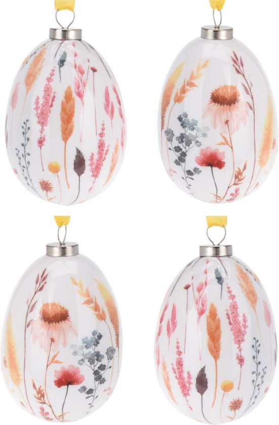 Paasdecoratie set van 4 paaseieren met bloemen en grassen in roze ...