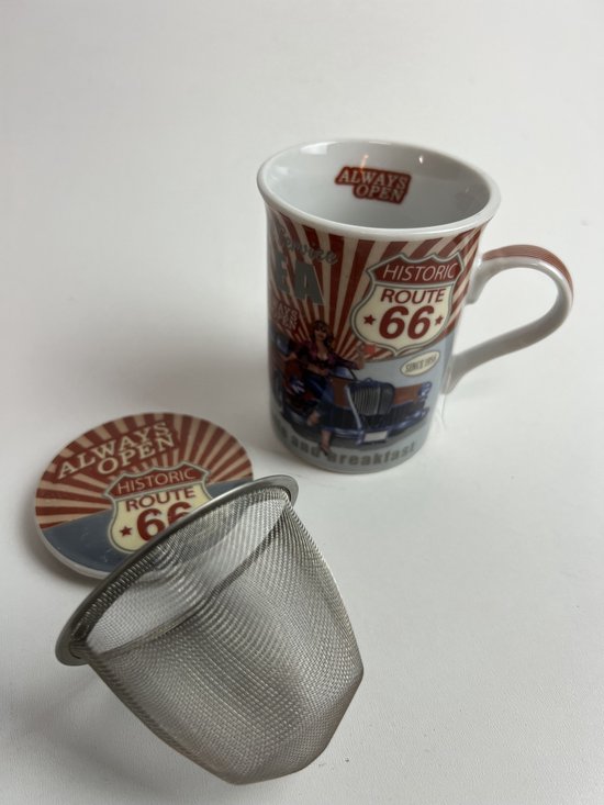 Retro theemok met zeef “Route 66” rood/blauw | bol