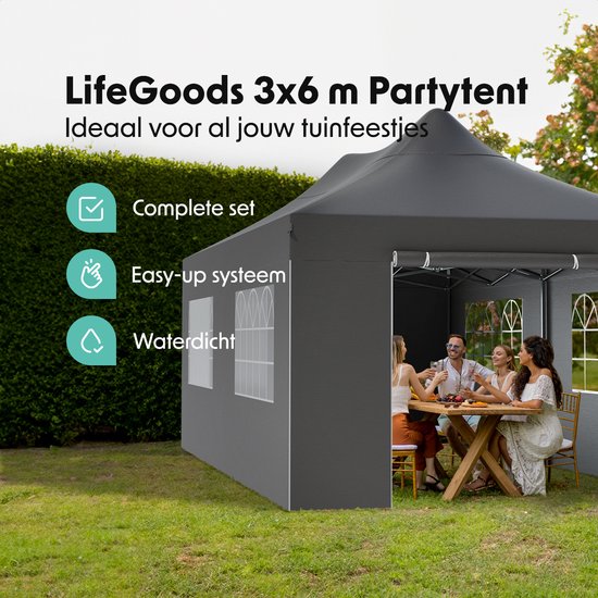 LifeGoods Partytent - Paviljoen - 3x6 m - Zijwanden - Easy Up - Opvouwbaar -... | bol