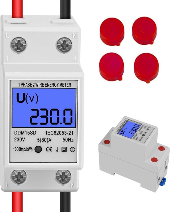 Digitale Stroommeter DIN-rail met LCD-scherm - 1-fase KWh Teller 5 (80 ...