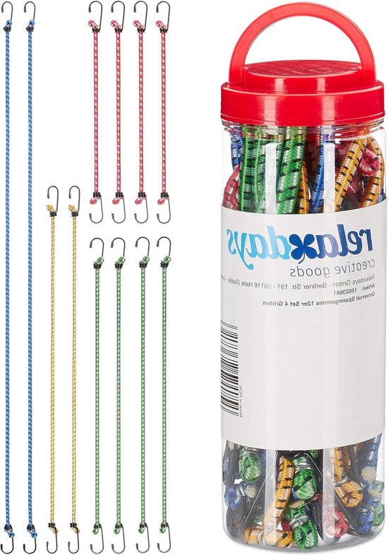 Span elastiek met haak - set van 12 - voor auto en fiets - 4 groottes ...