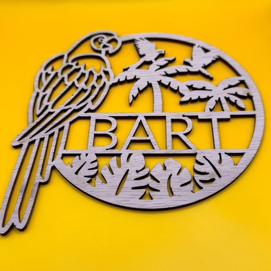 Naambordje van hout met naam - design papegaai en palmbomen - 15,5 x 16 ...