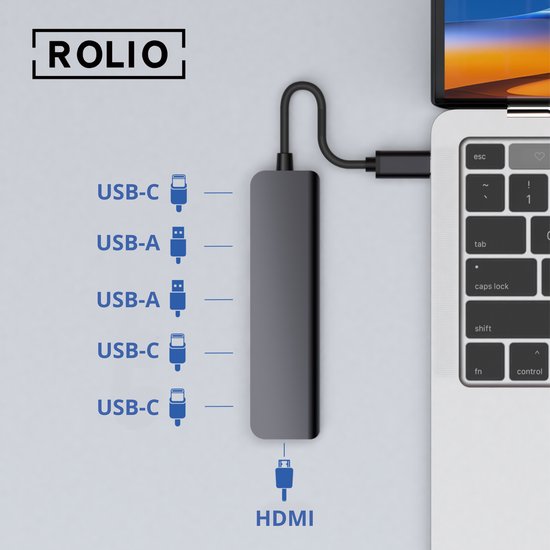 Rolio USB C Hub - 1x HDMI 4K - 3x USB-C - 2x USB-A - USB Splitter - Geschikt voor... | bol