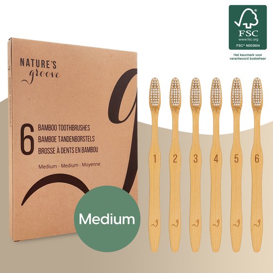 NATURE’S groove® Bamboe Handtandenborstels Medium - 6 Stuks - Houten ...