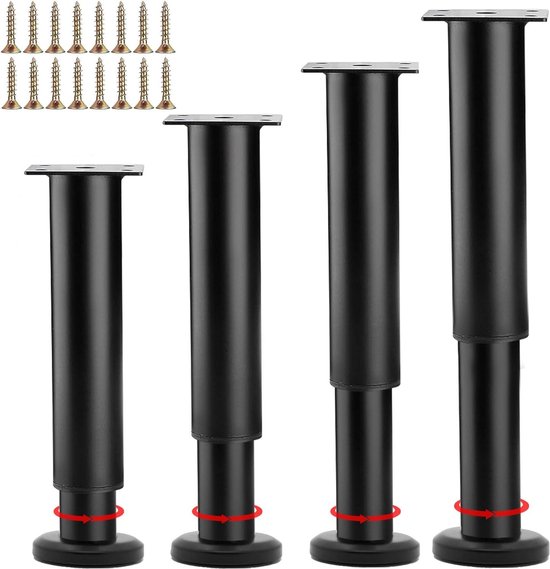 Height Adjustable Metal Black Furniture Legs - Set of 4, 180-300mm ...