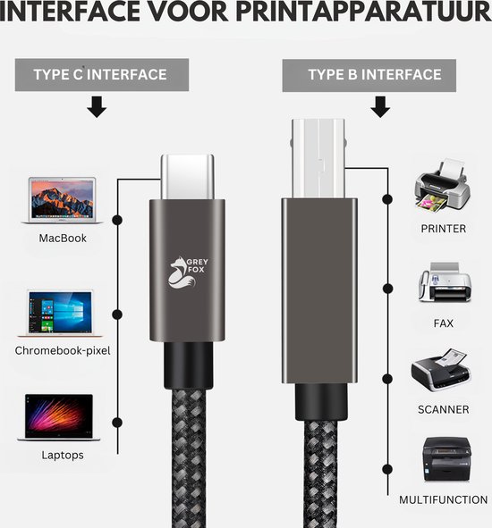 Grey Fox Printerkabel USB C naar USB B - 2 Meter - Plug en Play - Multi ...
