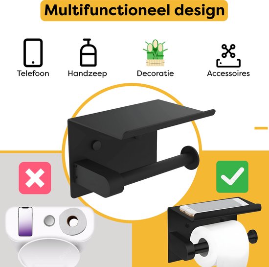 WC Rolhouder met Plankje - Zwart - 3M Zelfklevend - Toiletrolhouder ...