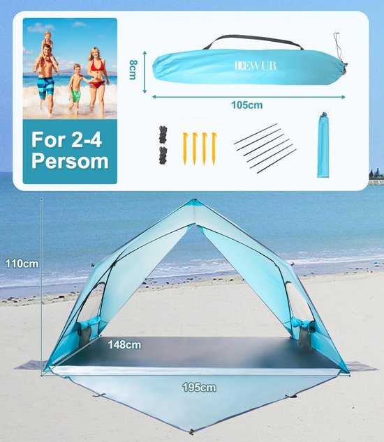 Driehoekige strandtent voor 2-4 personen, pop-up strandtent met ...