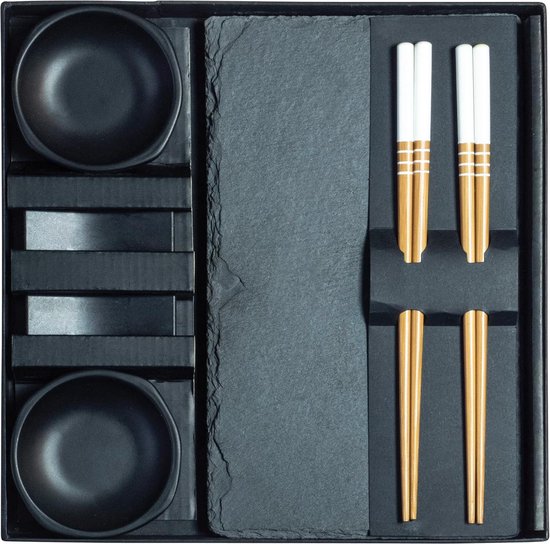 Sushi Set for Two People - Slate Plate Bowl Bench Chopsticks - JADE ...