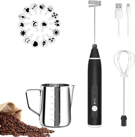 Elektrische Melkopschuimer met USB Oplaadbaar - 3 Niveaus - 2 Roestvrijstalen Gardes -... | bol