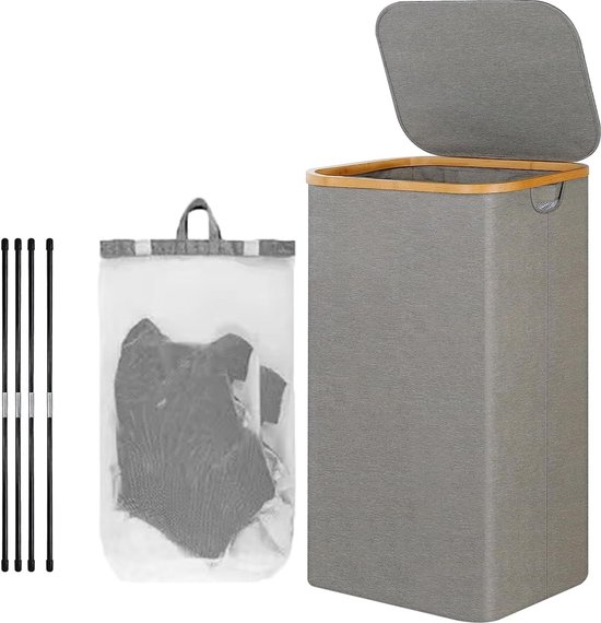 Wasmand met deksel en binnenzak - Opvouwbare wasmand voor badkamer, slaapkamer en... | bol