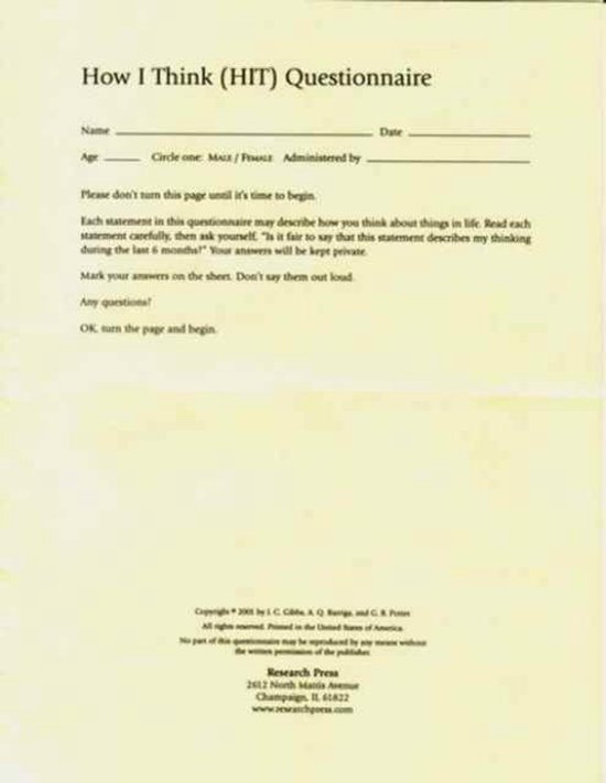 HIT-How I Think Questionnaire, Packet of 20 Questionnaires ...
