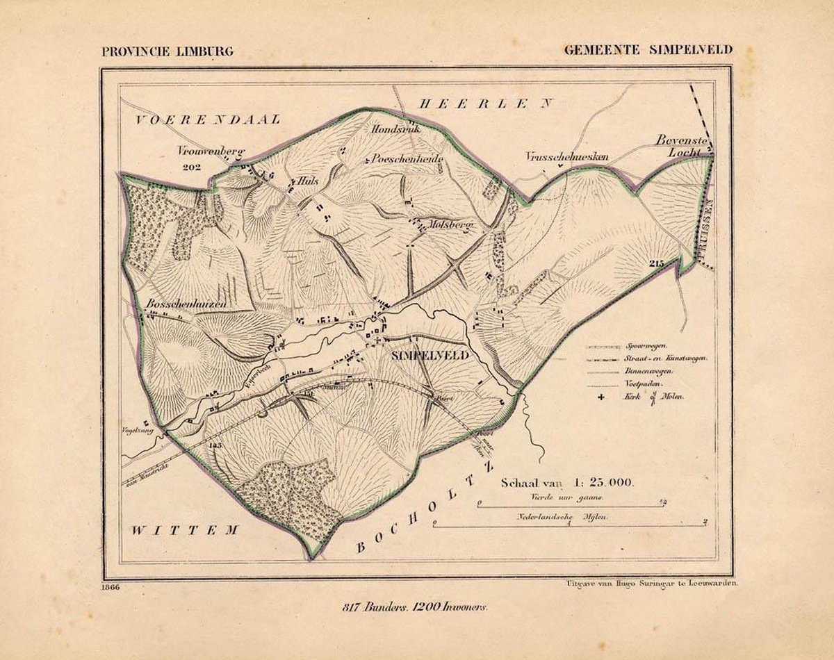 Historische kaart, plattegrond van gemeente Simpelveld in Limburg uit ...