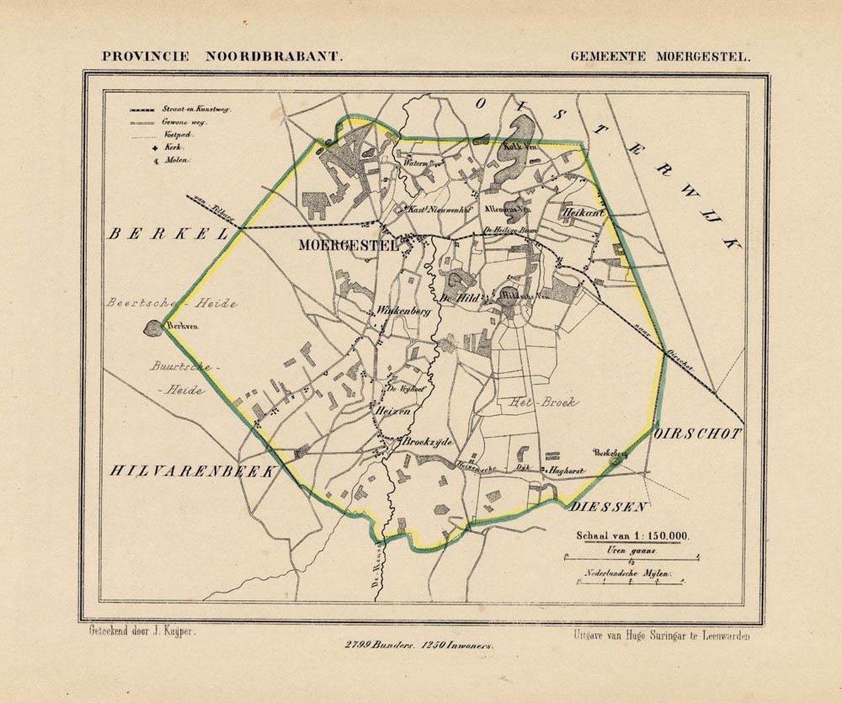 Historische kaart, plattegrond van gemeente Moergestel in Noord Brabant ...