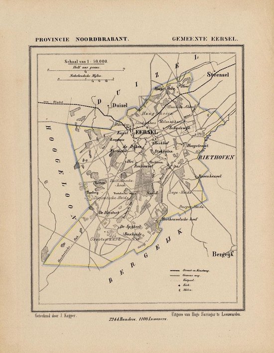 Historische kaart, plattegrond van gemeente Eersel in Noord Brabant uit ...