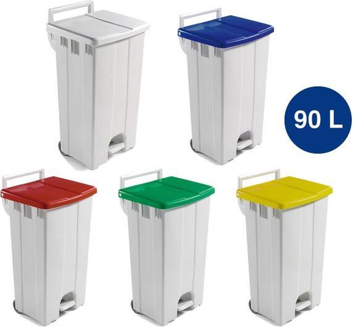 Afvalcontainer wit met groene deksel en met pedaal - 90 l op wielen ...