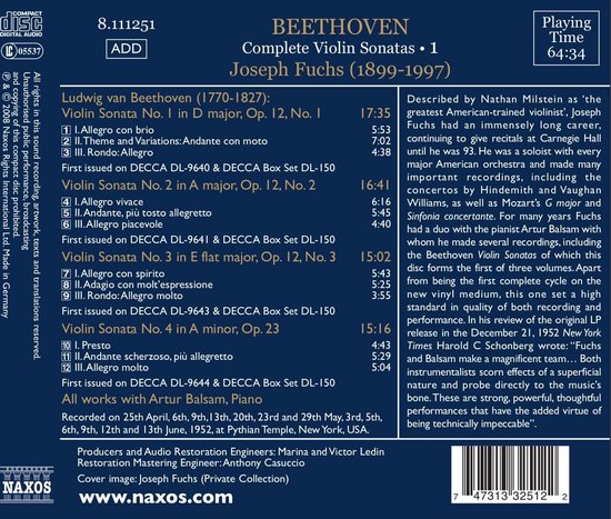 Joseph Fuchs & Artur Balsam - Beethoven: Complete Violin Sonatas 1 (CD ...