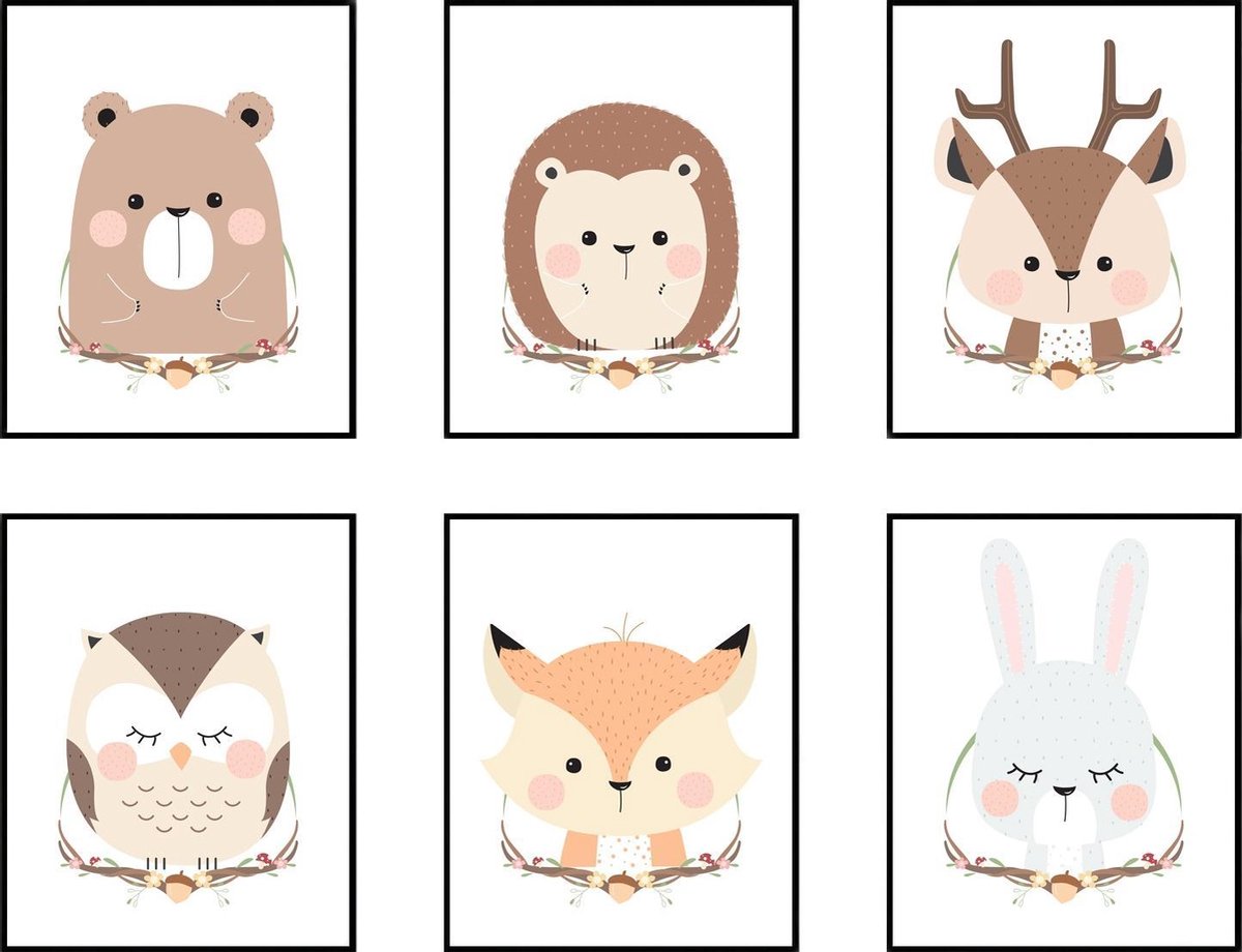 Poster Set 6 Lieve Vos Beer Hert Uil Egel Konijn - Bos Dieren ...