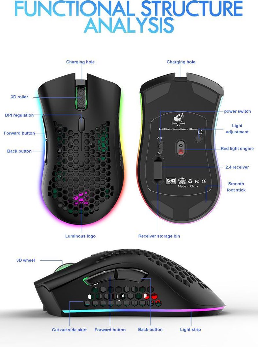 ZIYOU LANG X3 Draadloze Gaming Muis - RGB Honeycomb Gaming Muis ...