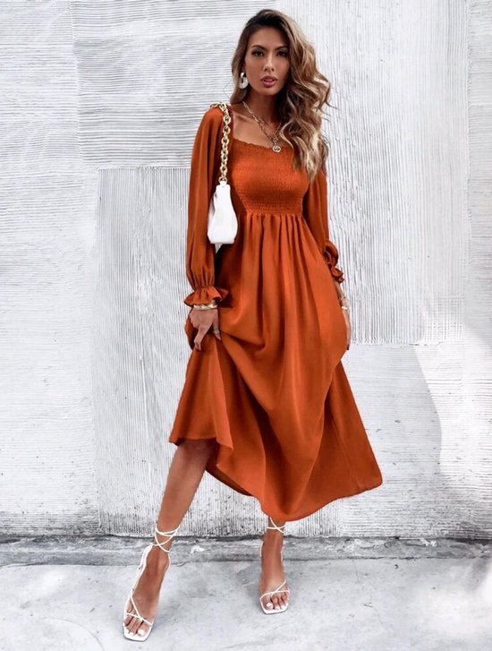 MKL - Dames jurk - Midi jurk - Boho Jurk - Lent/ Zomerjurk met lange mouwen - Oranje... | bol