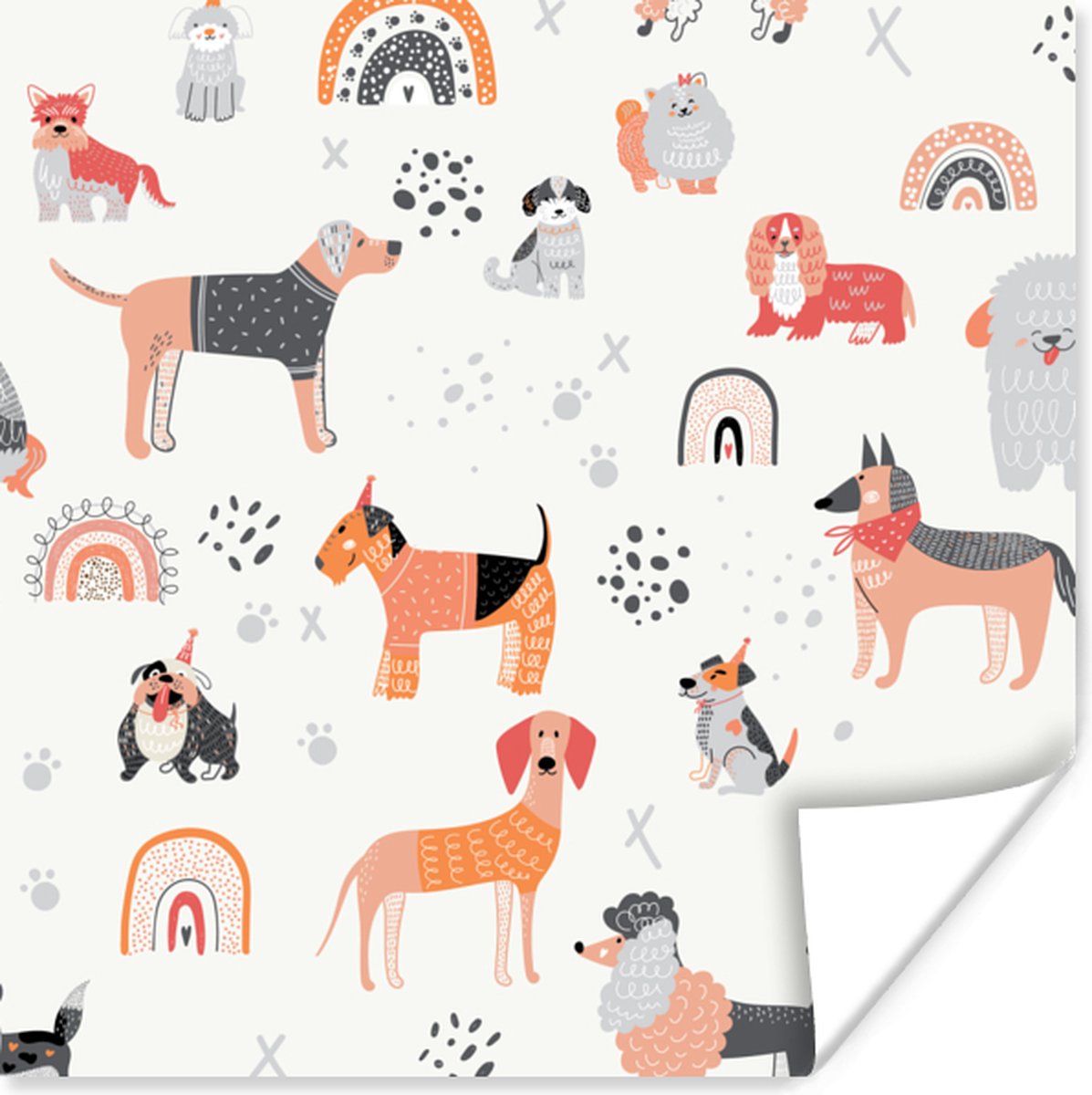 Poster Honden tekening met verschillende soorten honden met een witte ...