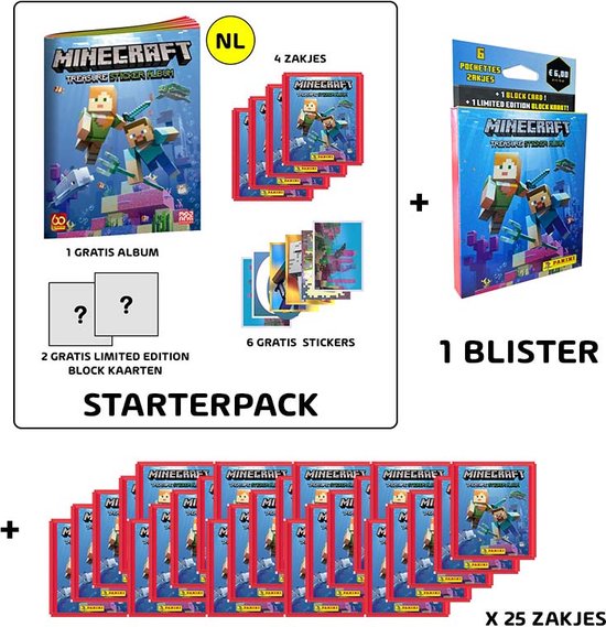PANINI - MINECRAFT STICKERS - 1 STARTER PACK NL + 25 ZAKJES + 1 BLISTER ...