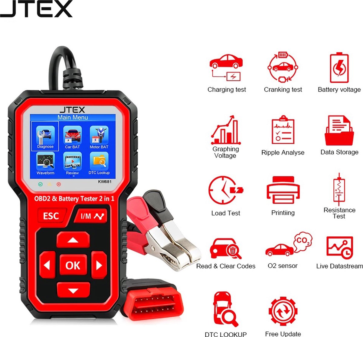 JTEX® OBD2 Scanner en Batterijtester – OBD Handscanner ...