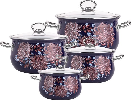 Silesia Kate 8 delige emaille pannenset retro blauw met bloemen ...