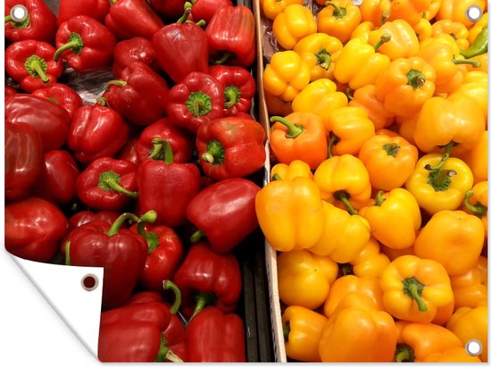 Muurdecoratie buiten Twee bakken met rode en gele paprika's op een ...