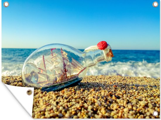 Muurdecoratie buiten Schip in fles op het strand - 160x120 cm ...