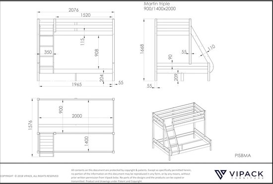 Vipack - Stapelbed Triple - 140x200 - Wit - inclusief matrassen | bol
