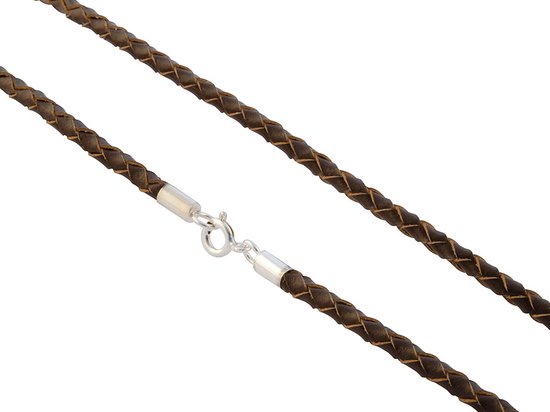 AuBor ®. Gevlochten leren ketting met zilveren sluiting. Bruin. 3mm × 55cm | bol