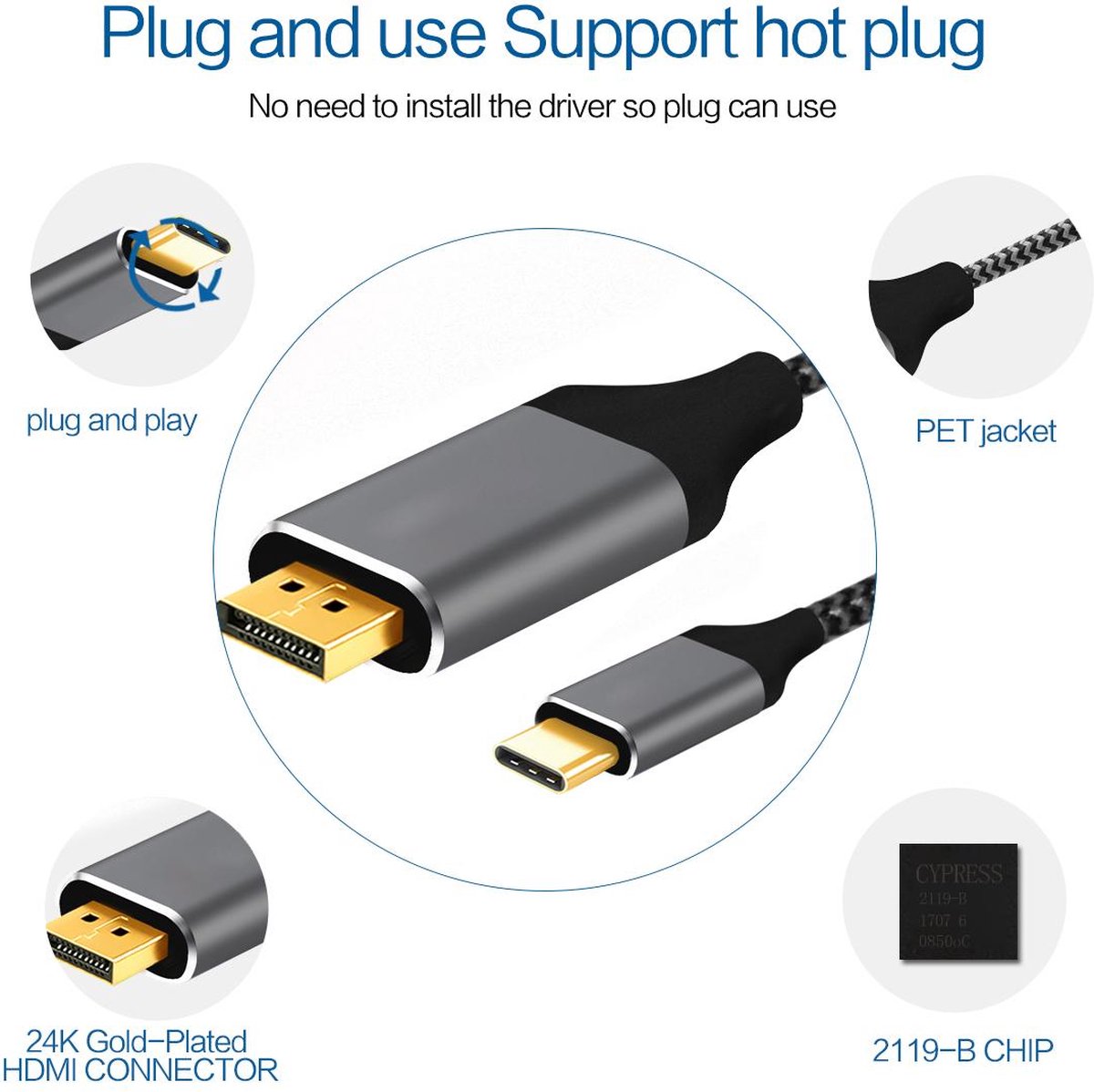 USB C naar DisplayPort kabel - 1.2 – 4K (60Hz) - Gevlochten mantel ...