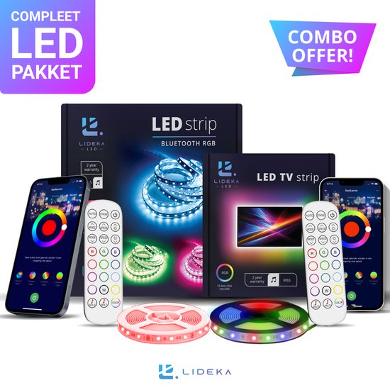 Lideka - LED strip 15 meter (2x7.5) + TV strip 3M - RGB - Met Afstandsbediening -... | bol