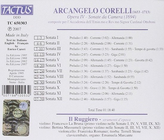 Il Ruggiero, Emanuela Marcante - Corelli: Opera Iv - Sonate Da Camer ...